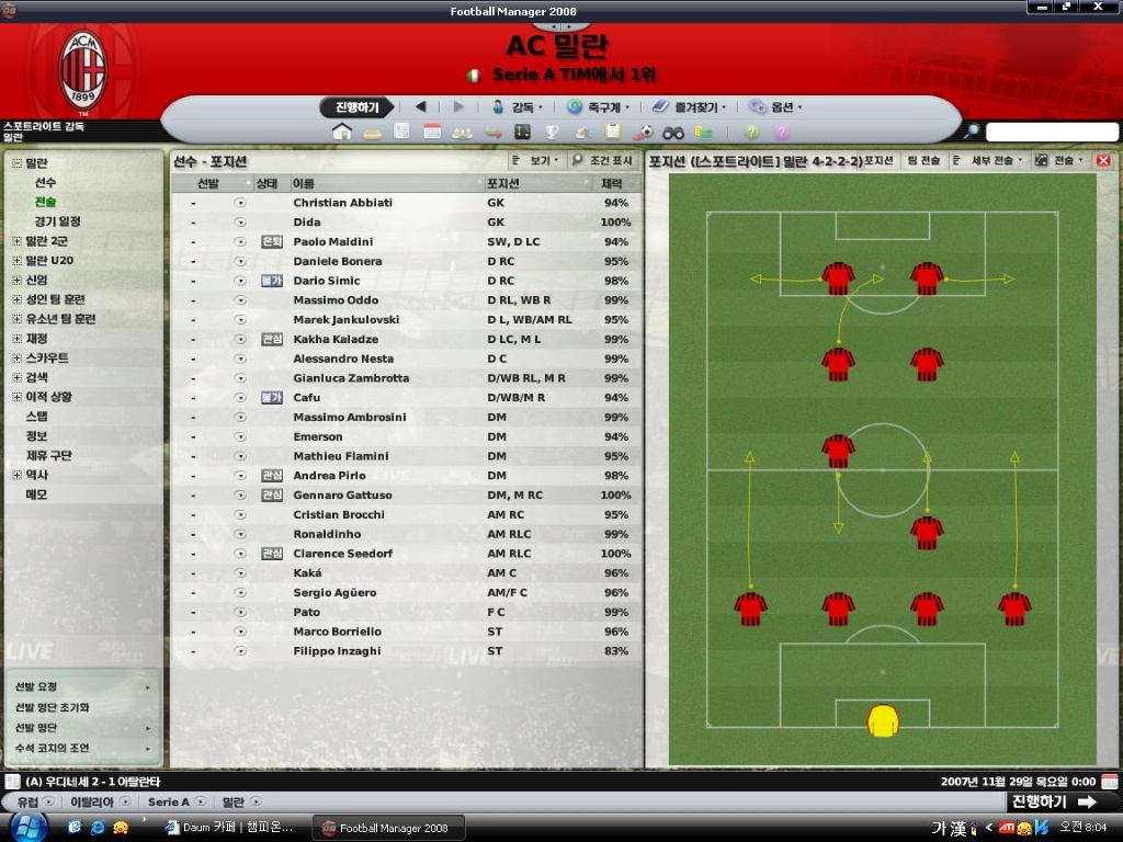 [스포트라이트] AC밀란 4-2-2-2 - FM2008 전술/트레이닝 - 챔피온쉽 매니저 - 대한민국